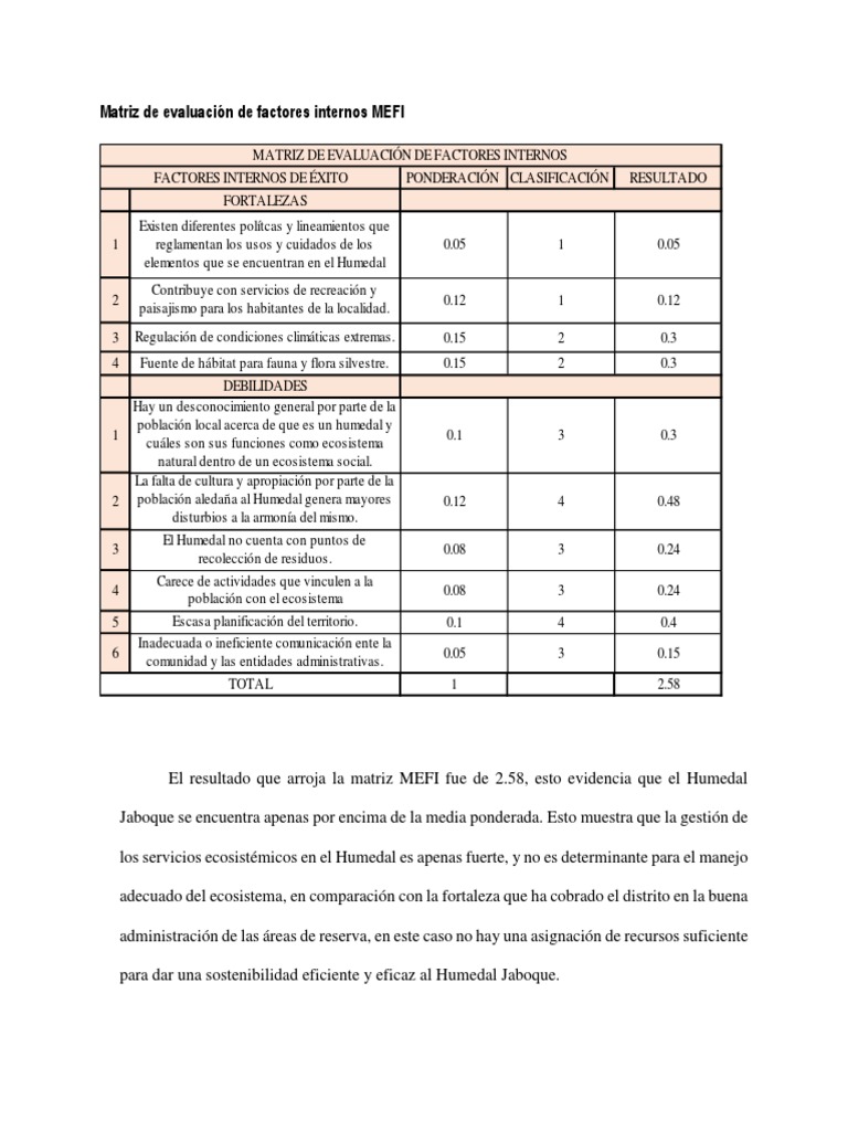 Matriz de Evaluación de Factores Internos MEFI | PDF | Ecosistema | Humedal