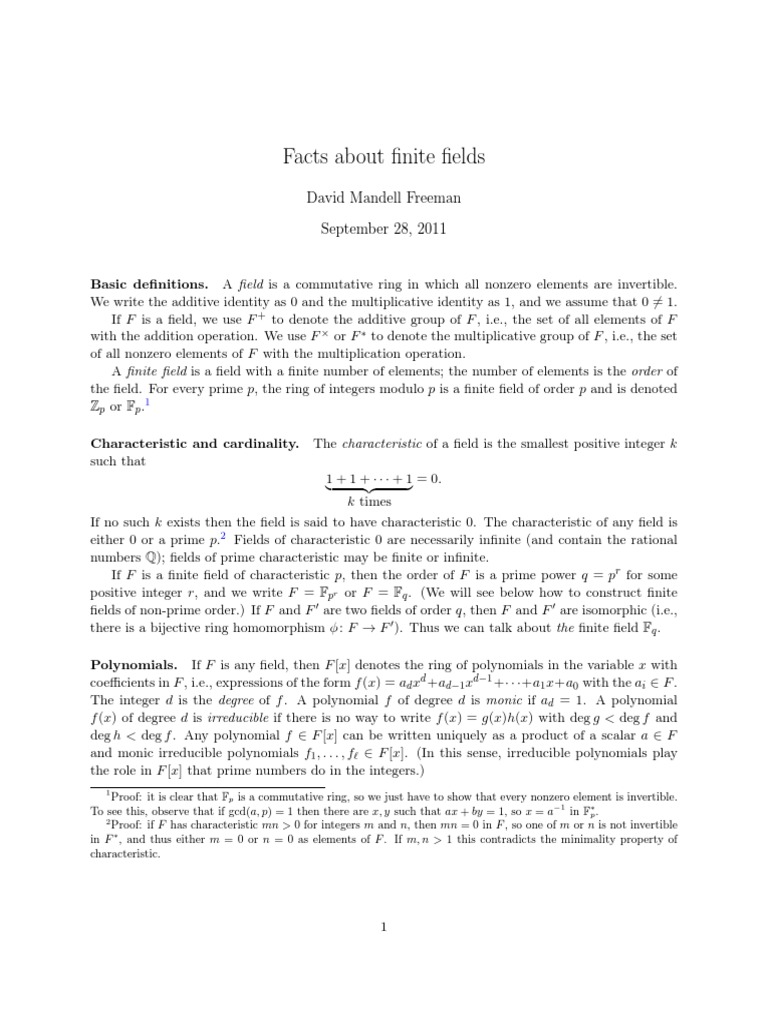 Facts About Finite Fields: David Mandell Freeman September 28, 2011 ...