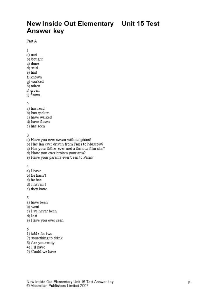 New Inside Out Elementary Unit 15 Test Answer Key | PDF