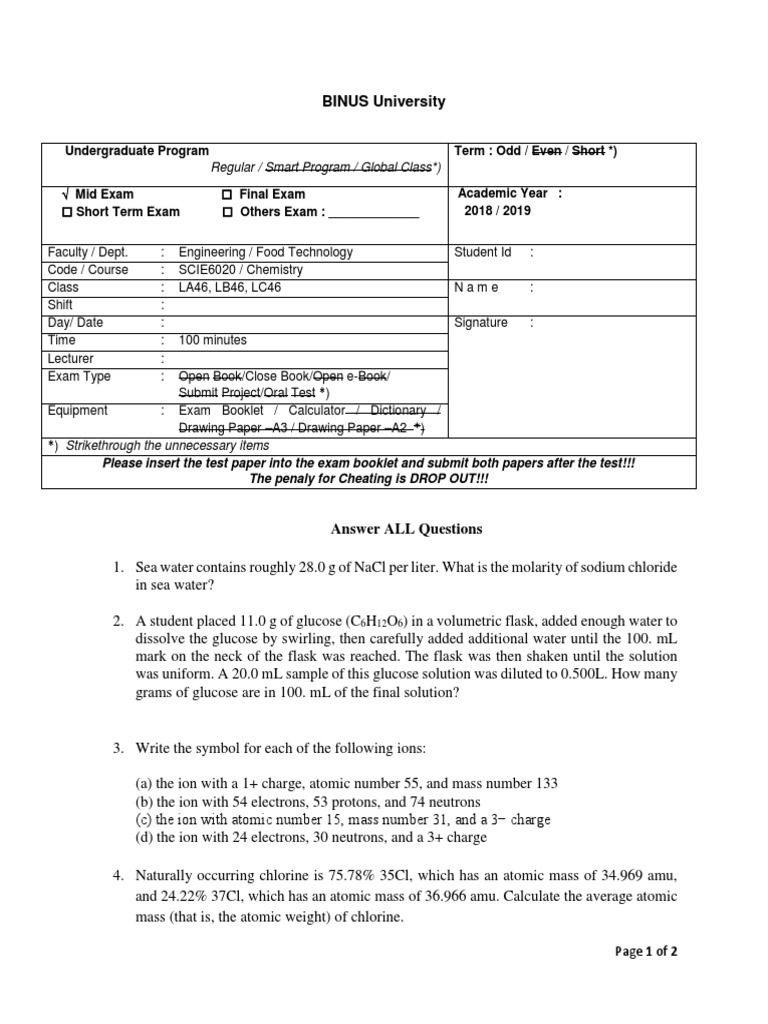 Chemistry UTS Exam Paper 2018/2019 | PDF | Ion | Chlorine