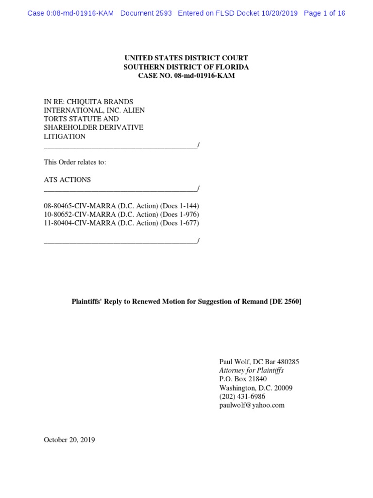 Chiquita Reply To Renewed Motion To Remand | PDF | Daubert Standard ...