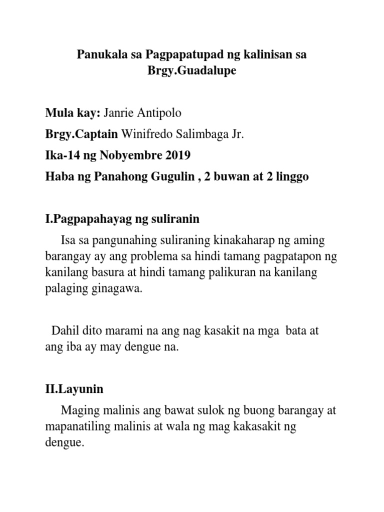 Panukala Sa Pagpapatupad NG Kalinisan Sa Brgy | PDF