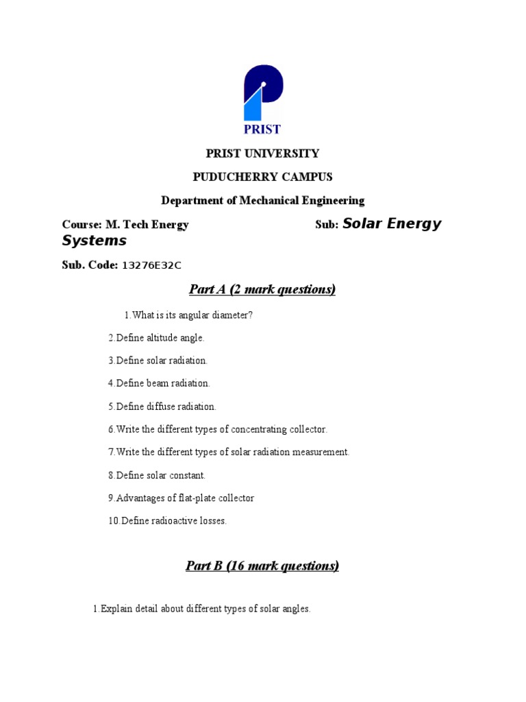Solar Question Bank | PDF | Photovoltaic System | Solar Energy