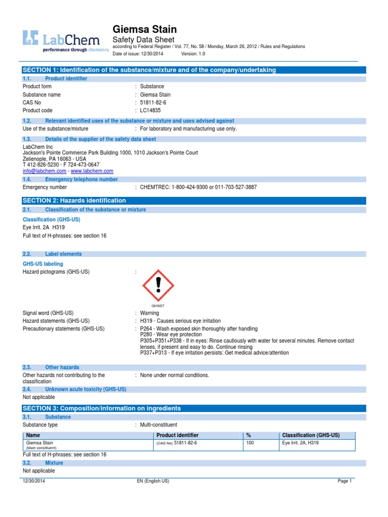 Giemsa Stain: Safety Data Sheet | PDF | Toxicity | Firefighting