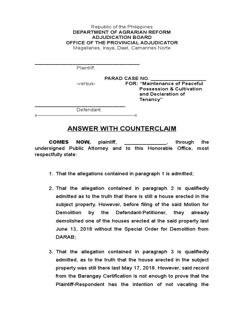 Answer - DARAB Case | PDF | Demolition | Judiciaries