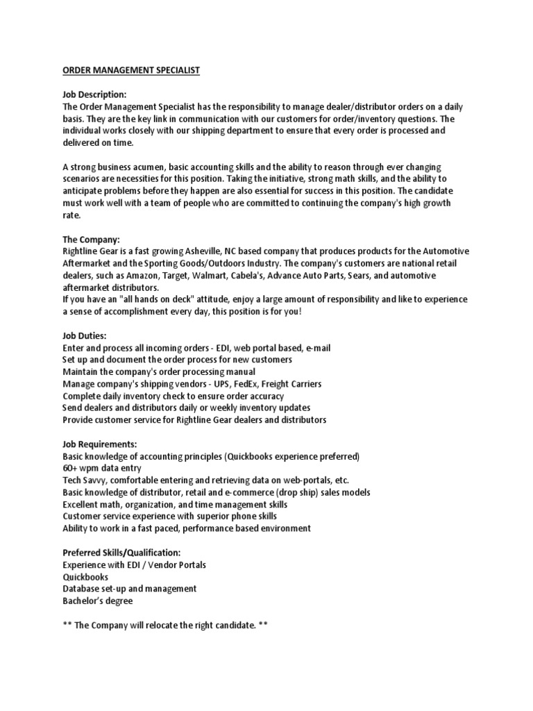 Order Management Specialist | PDF