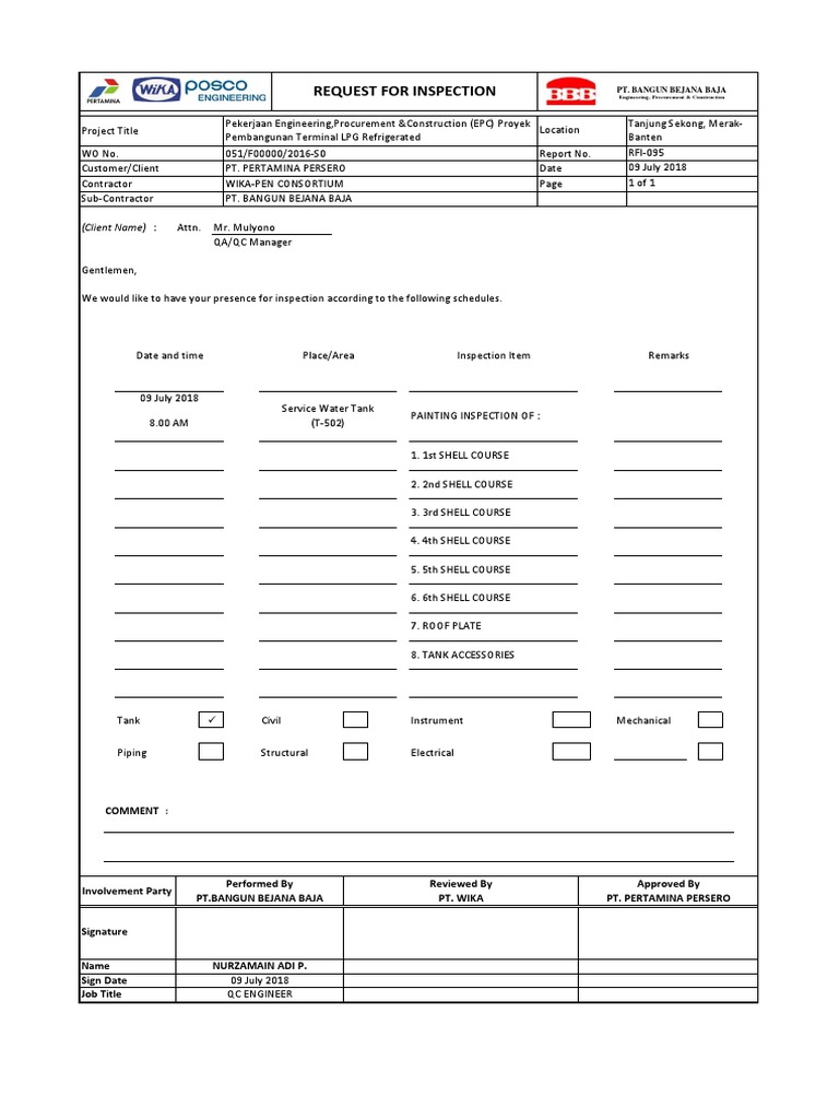 Request For Inspection: (Client Name) | PDF | Economic Sectors ...