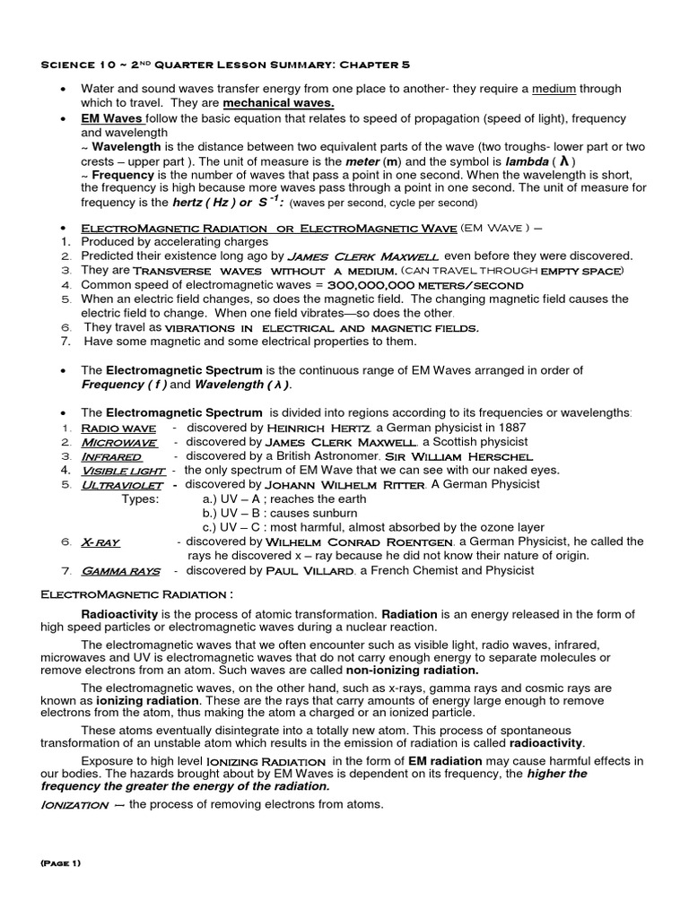 Science 10 2nd Quarter Lesson Summary | PDF | Electromagnetic Radiation ...