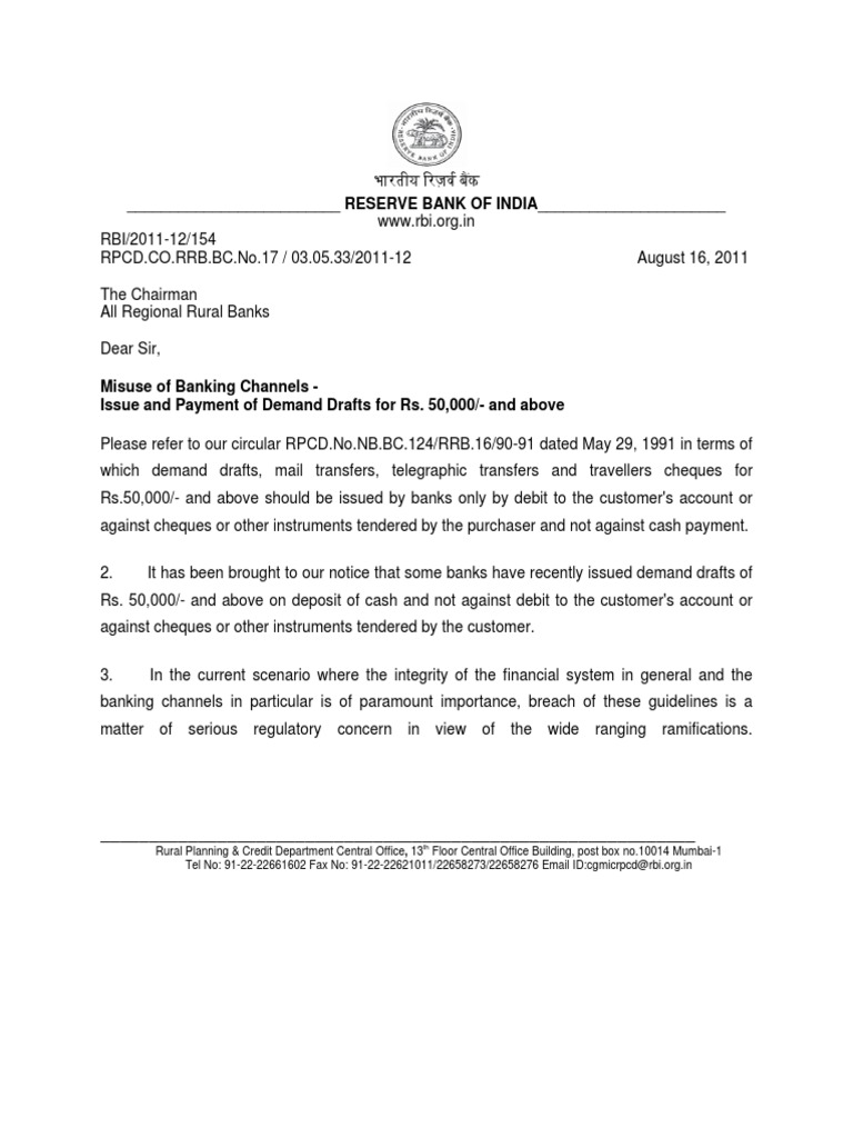Misuse of Banking Channels - Issue and Payment of Demand Drafts For Rs ...