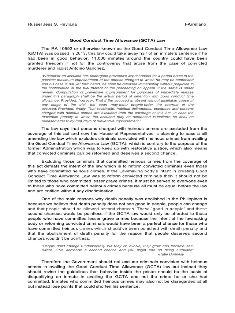 Gcta Law Legal Opinion | PDF | Sentence (Law) | Crime & Violence Gcta Law Legal Opinion | PDF | Sentence (Law) | Crime & Violence