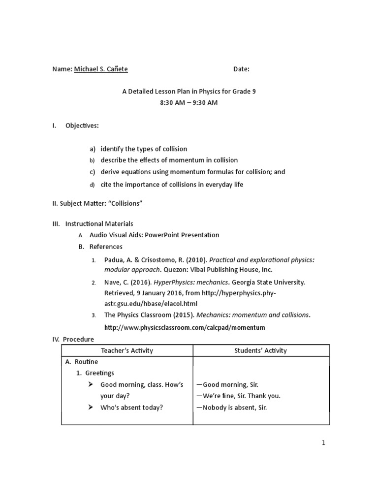 Docshare - Tips Detailed Lesson Plan For Collisions | PDF | Collision ...