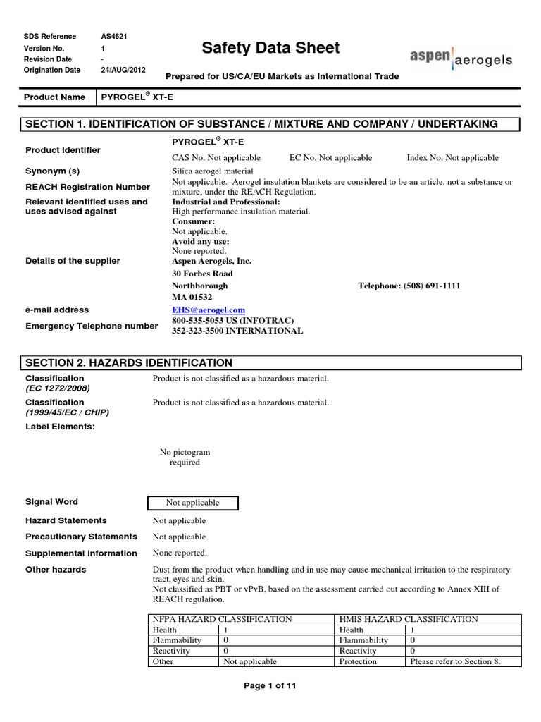 Pyrogel Xt-E Msds | PDF | Dangerous Goods | Working Conditions