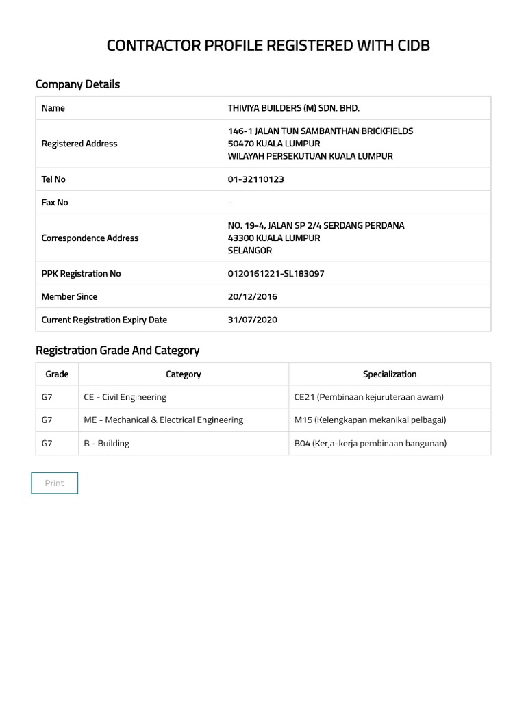 Contractor Profile Registered With Cidb: Company Details | PDF