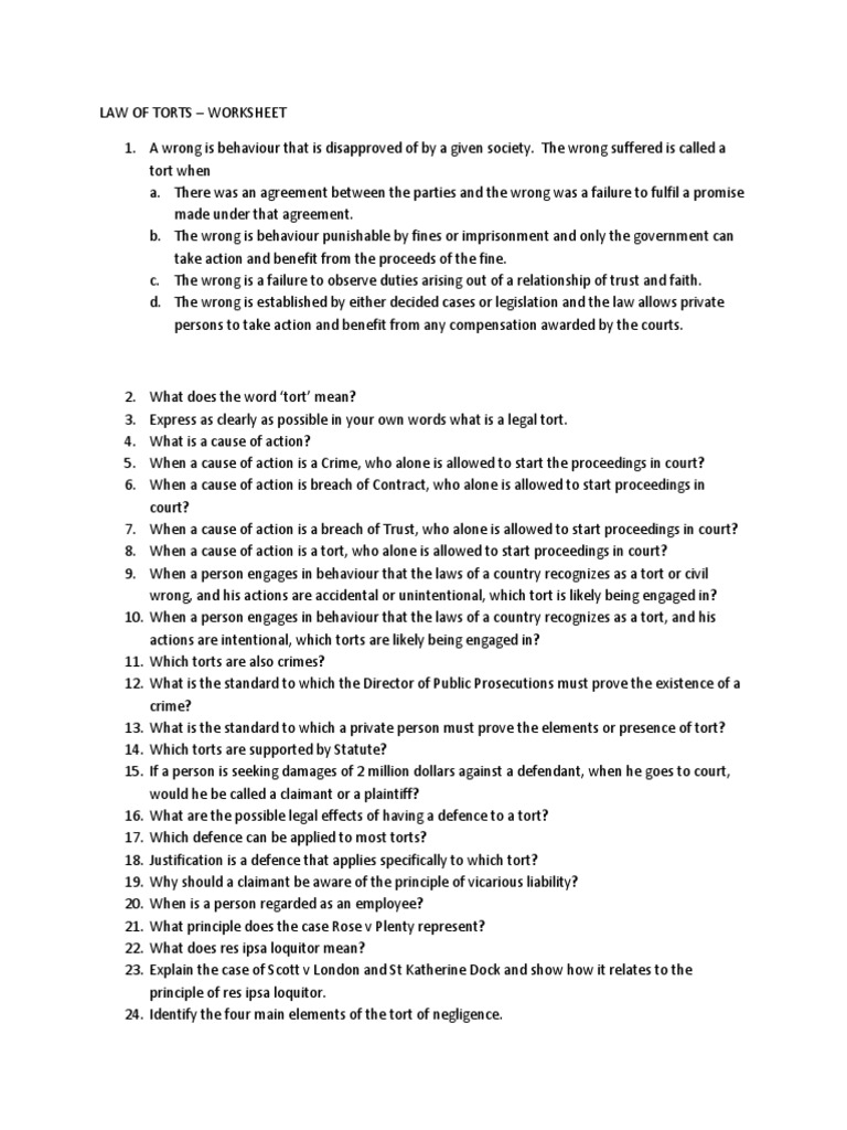 Torts Worksheet | PDF | Tort | Causation (Law)