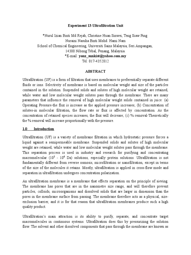 Experiment 13 Ultrafiltration Unit | PDF | Membrane | Membrane Technology
