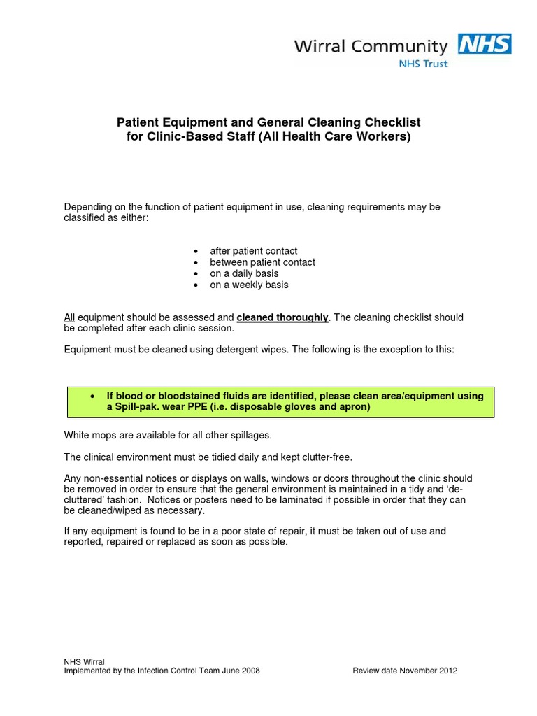 Clinic Cleaning Checklist for Staff | PDF | Infection Control ...