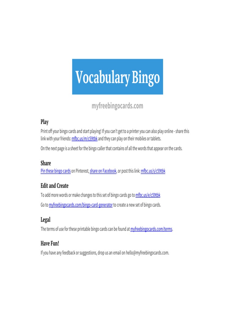 Vocabulary Bingo Cards and Caller's Sheet: A Complete Resource for ...