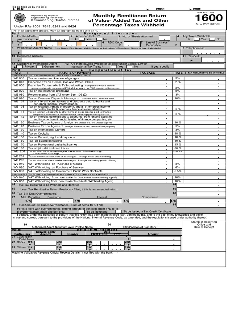 Bir Form 1600 | PDF | Withholding Tax | Value Added Tax