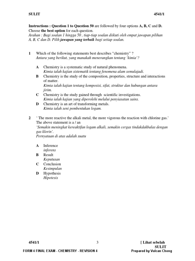 Form 4 Final Exam - Chemistry - Revision 4 Prepared by Vulcan Chong ...