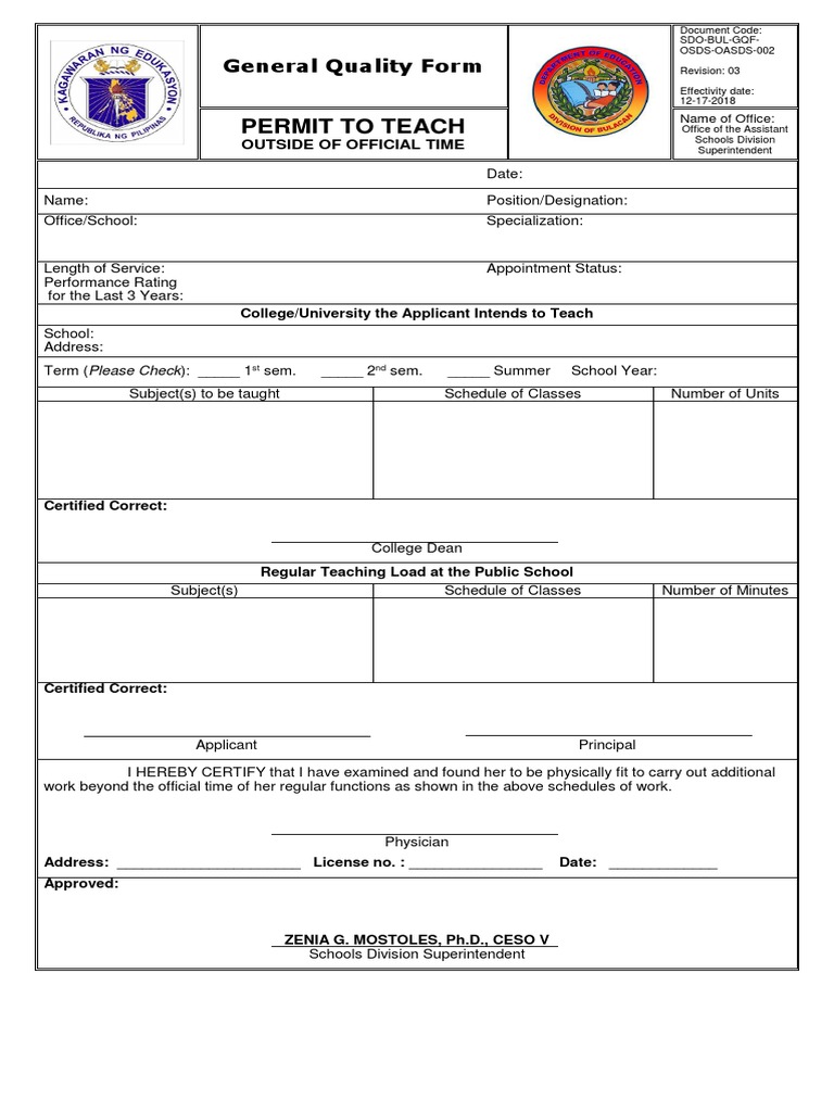 GQF 002permit To Teach Form | PDF | Business