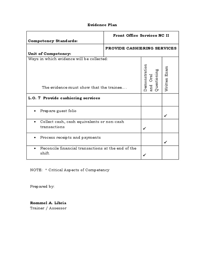 Evidence Plan Front Office Services NC II Provide Cashiering Services | PDF