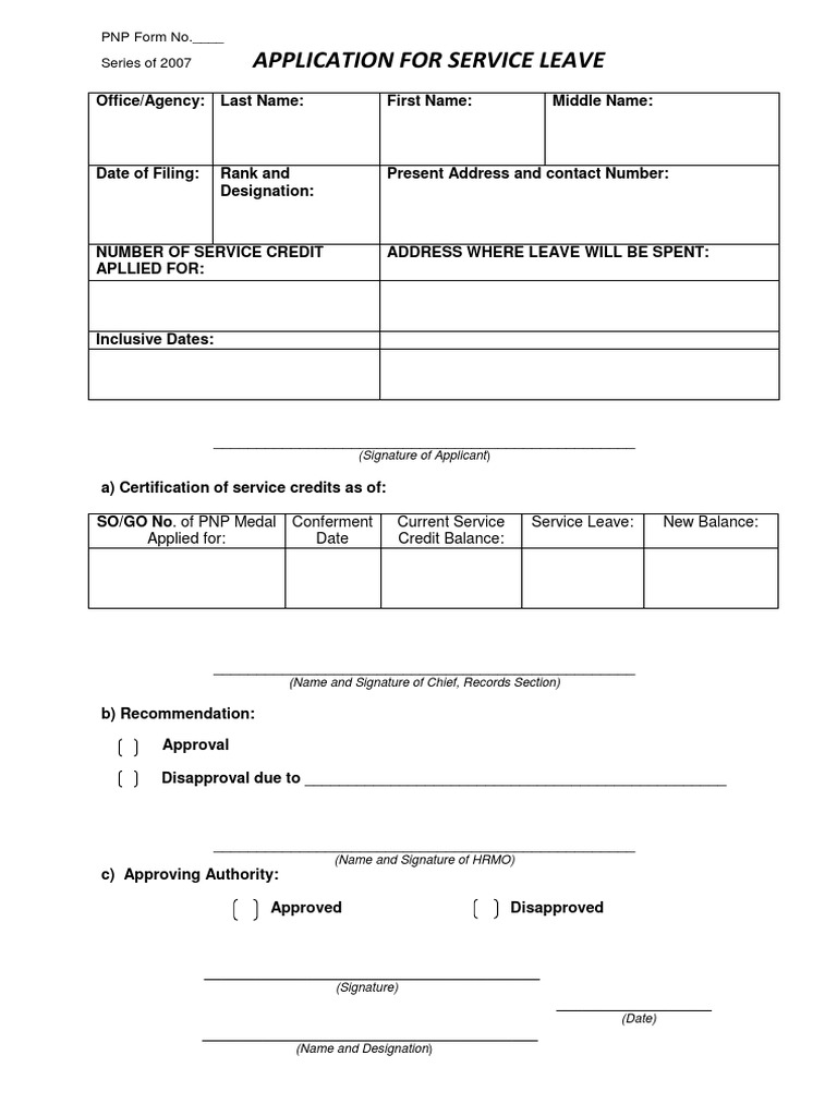 Application For Service Leave: PNP Form No. - Series of 2007 | PDF ...