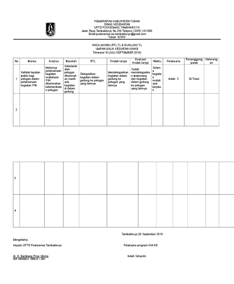 1.form Monev, RTL, TL & Etl Kia - KB TB III 19 | PDF