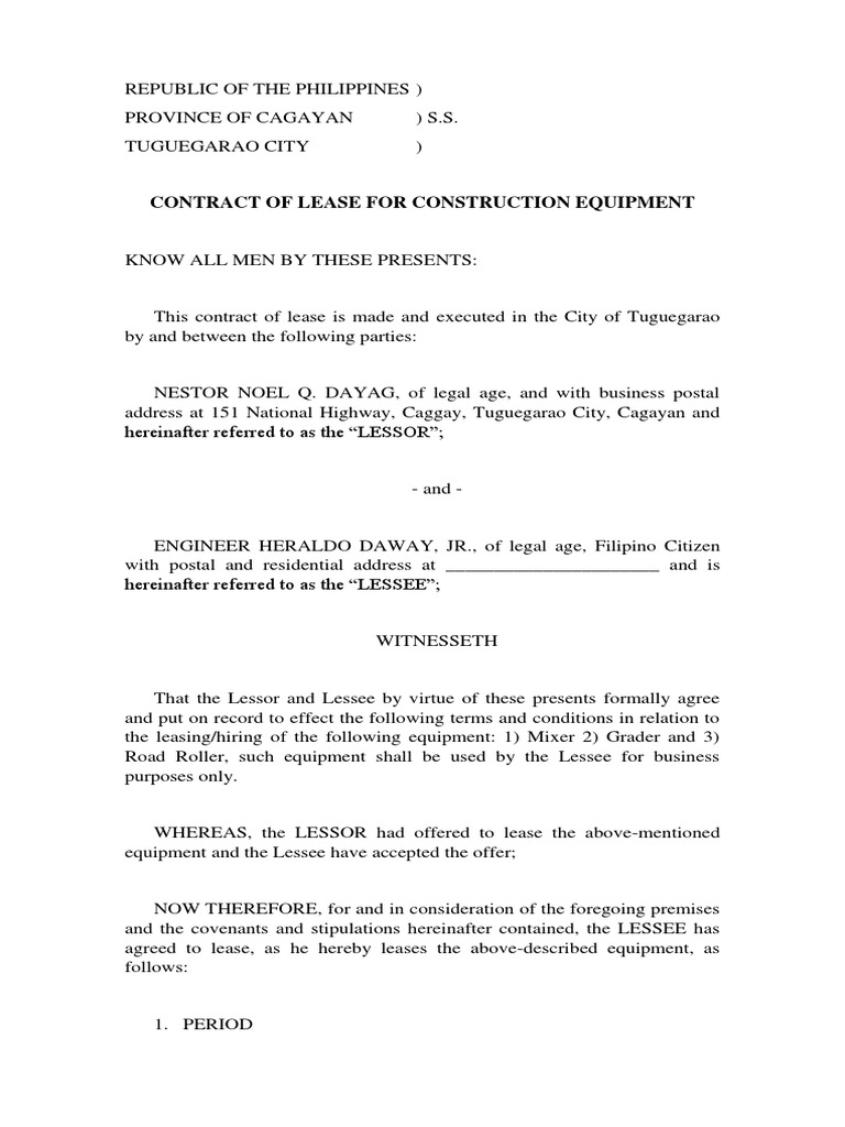 Contract of Lease For Construction Equipment | PDF | Lease | Private Law