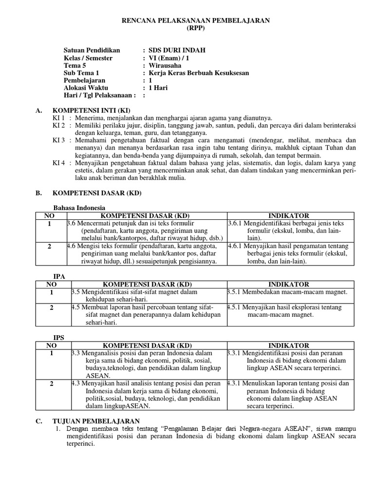 RPP Tema 5 Kelas 6 | PDF