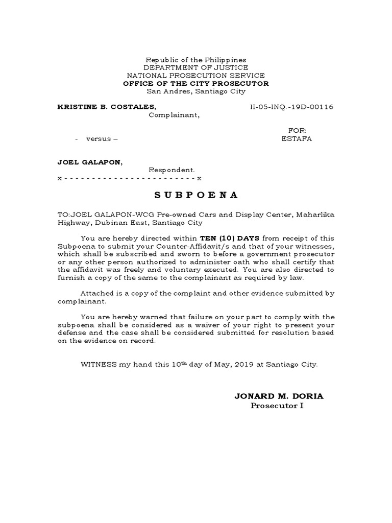 Subpoena: Office of The City Prosecutor | PDF