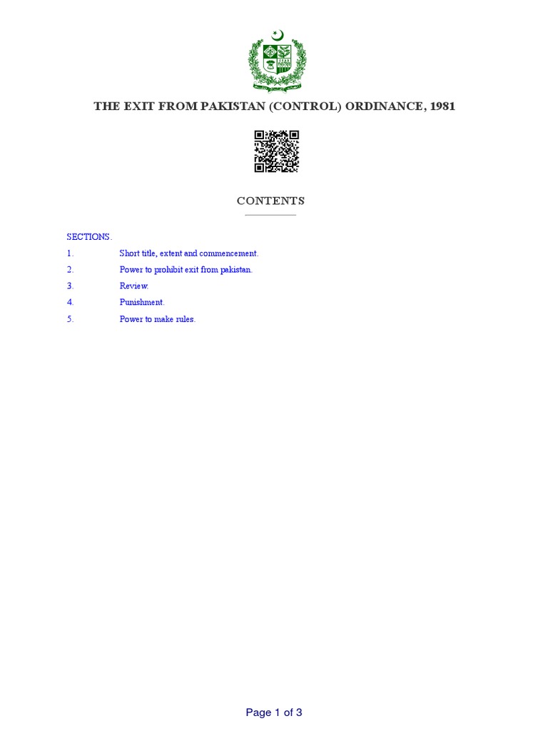 The Exit From Pakistan (Control) Ordinance, 1981 | PDF | Local ...