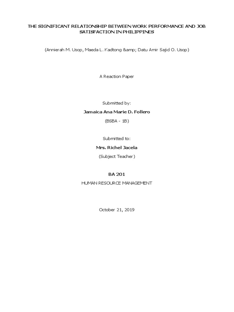Job Satisfaction and Work Performance in PH | PDF | Human Resource ...