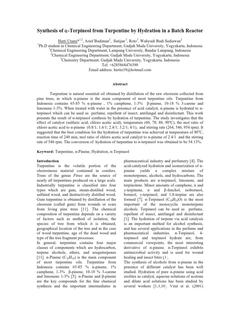 Synthesis of - Terpineol From Turpentine | PDF | Catalysis | Reaction Rate