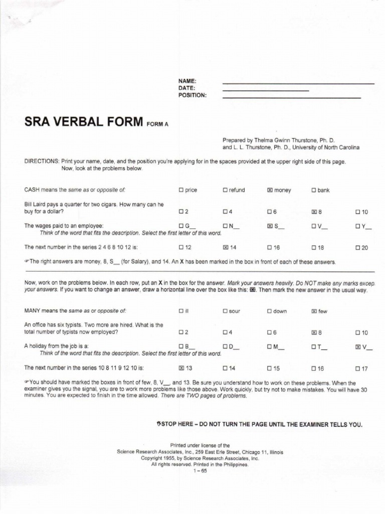 General Intelligence Exam (SRA Verbal Form A) PDF | PDF