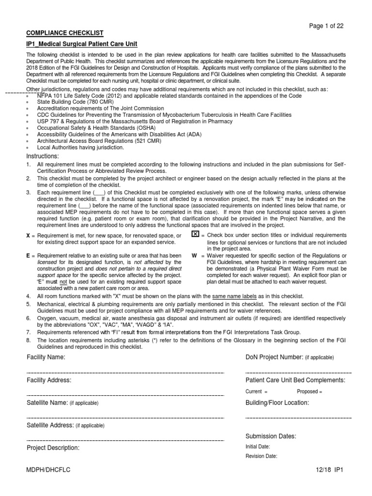 Compliance Checklist IP1 - Medical Surgical Patient Care Unit: Page 1 ...