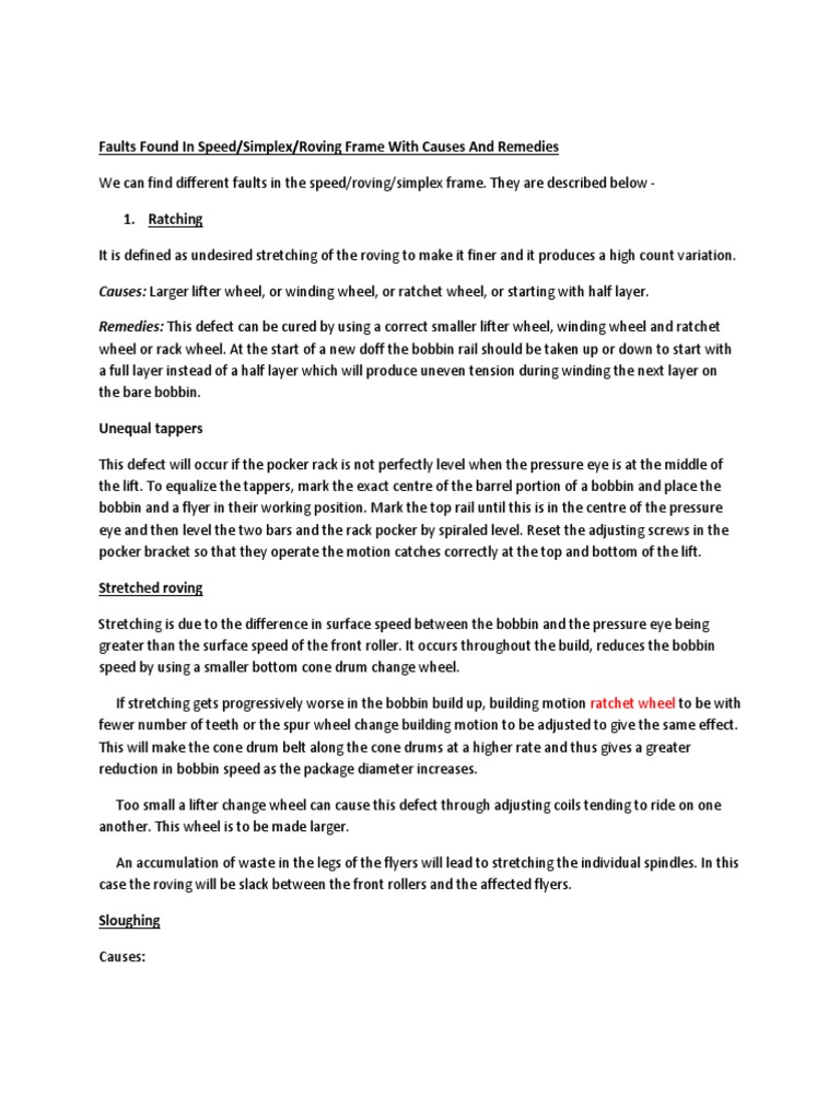Speed/Simplex Frame Faults And Solutions | PDF | Belt (Mechanical) | Spinning (Textiles)