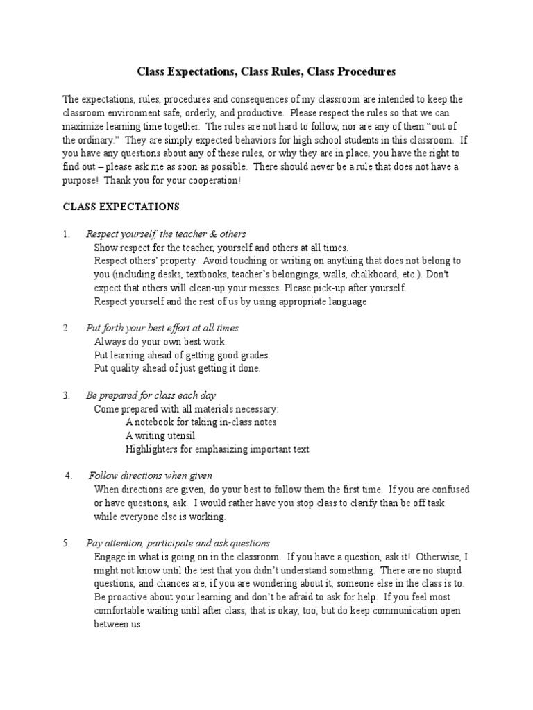 Classroom Expectations and Procedures | PDF | Classroom | Teachers
