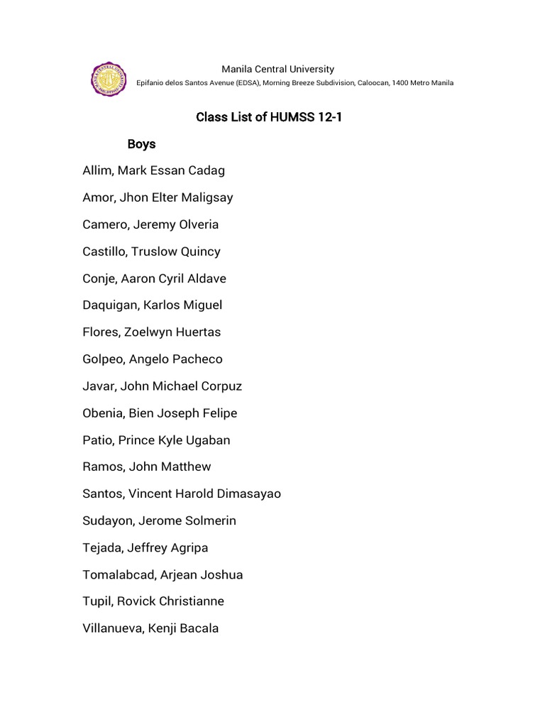 HUMSS 12-1 Class List 2023 | PDF