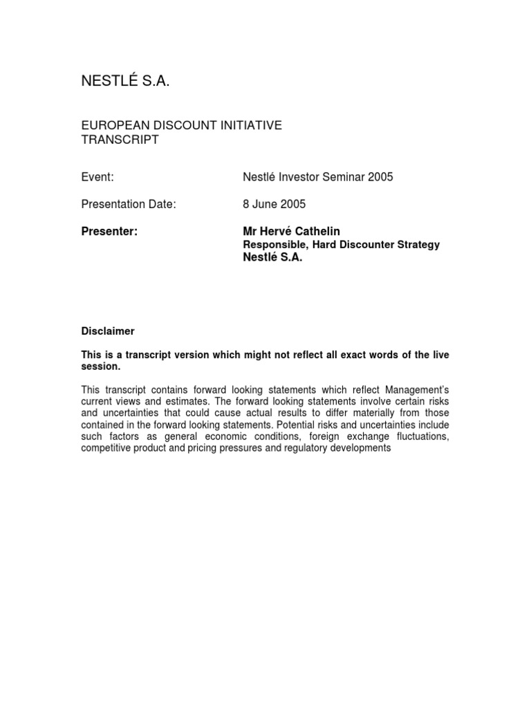 Nestlé's European Discount Initiative Transcript | PDF | Retail ...