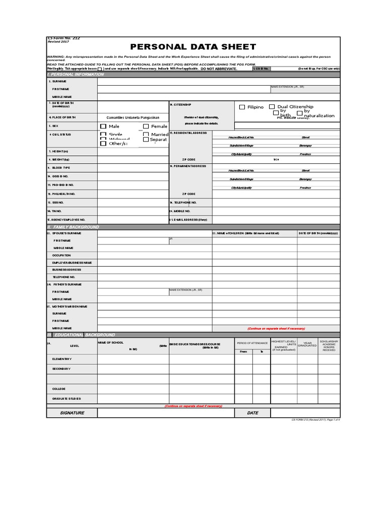 Revised Personal Data Sheet Form | PDF | Passport | Crime & Violence