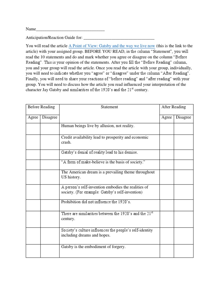 Anticipation and Reaction Guide | PDF | The Great Gatsby