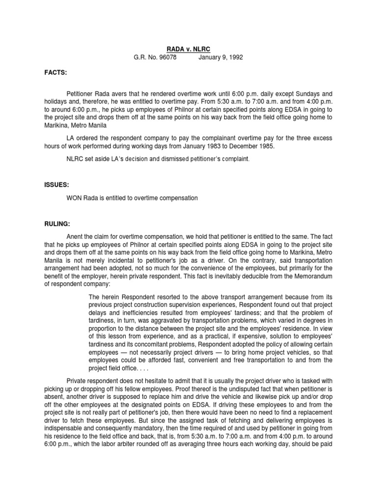 Rada v. NLRC (Digest) | PDF | Overtime | Working Time
