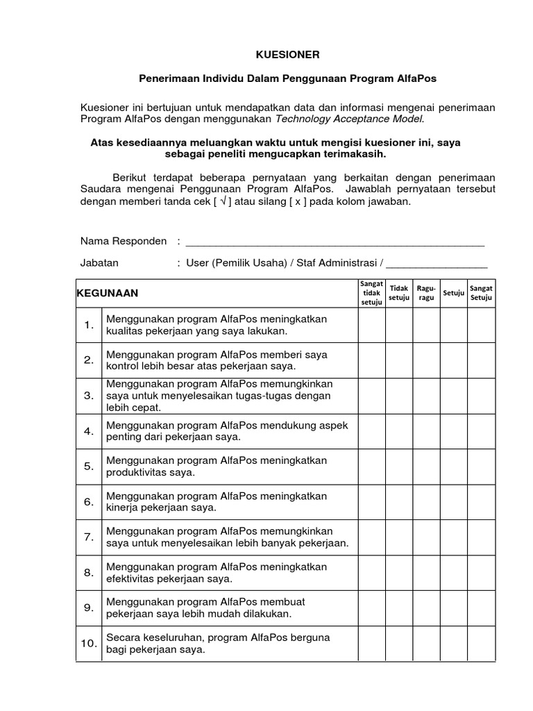 Contoh Kuesioner Tam1 | PDF