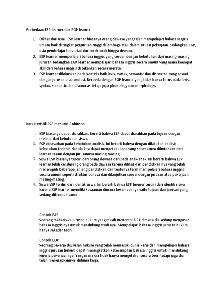 Perbedaan ESP Learner Dan EGP Learner | PDF