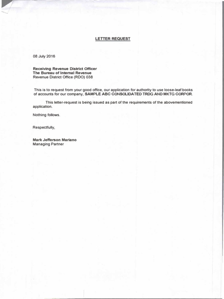 Request for Authority to Use Loose-Leaf Books of Accounts to Ensure ...