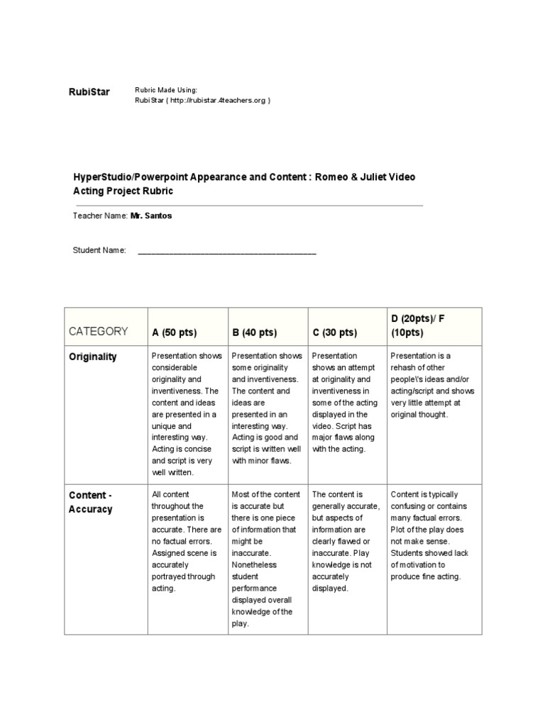 Video Project Rubric for Students | PDF | Cognition | Learning