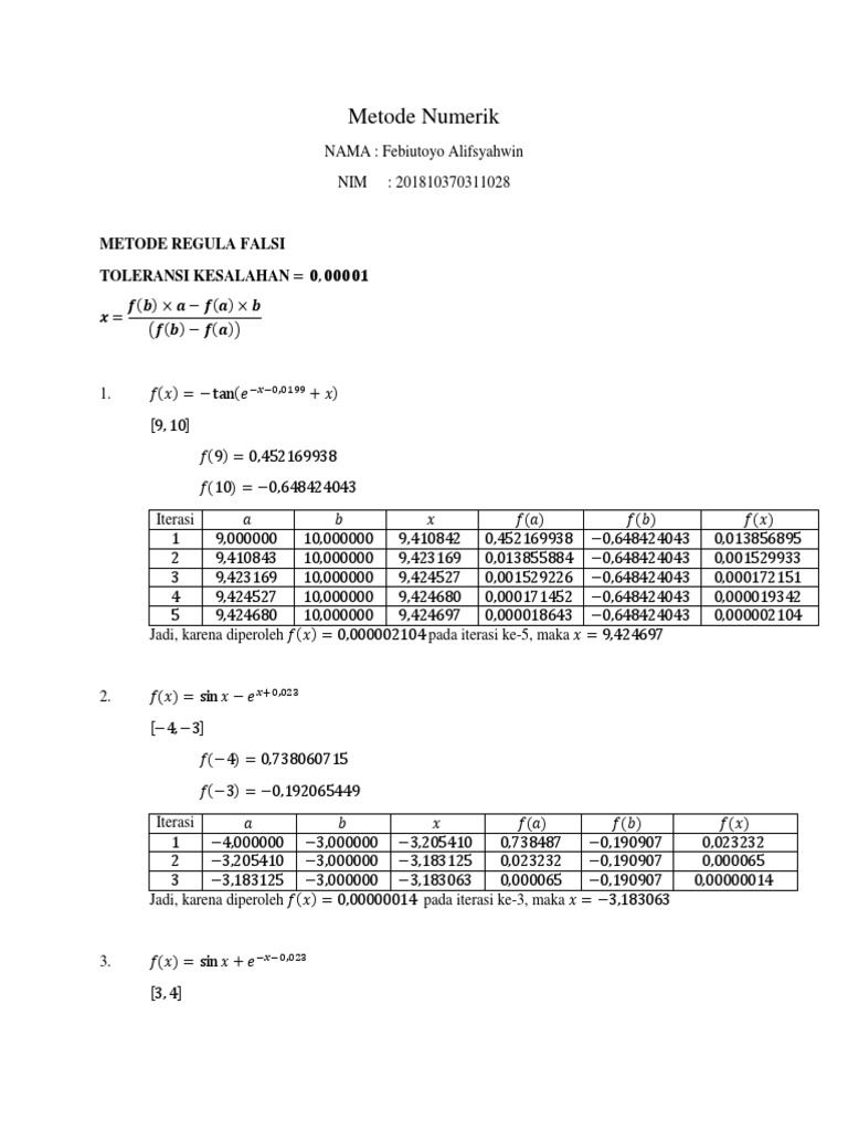 Metode Numerik: Metode Regula Falsi Toleransi Kesalahan | PDF