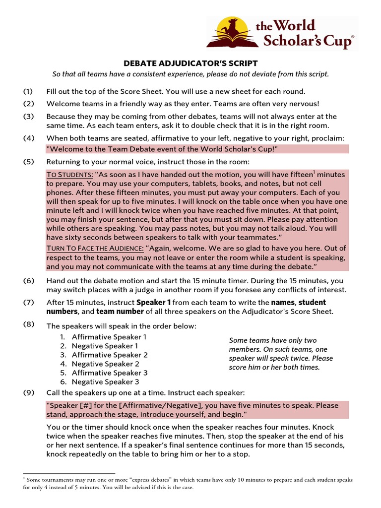 Adjudicator Debate Script and Guidelines | PDF | Communication | Cognition