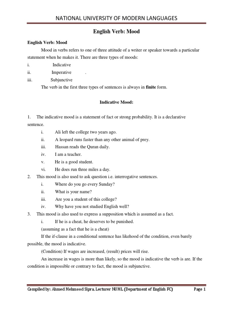 National University of Modern Languages: English Verb: Mood | PDF ...