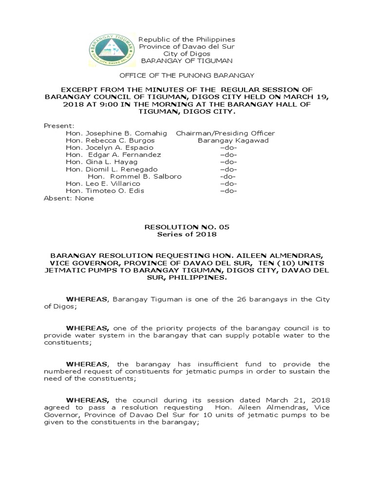 Barangay Resolution for Jetmatic Pumps | PDF | Government